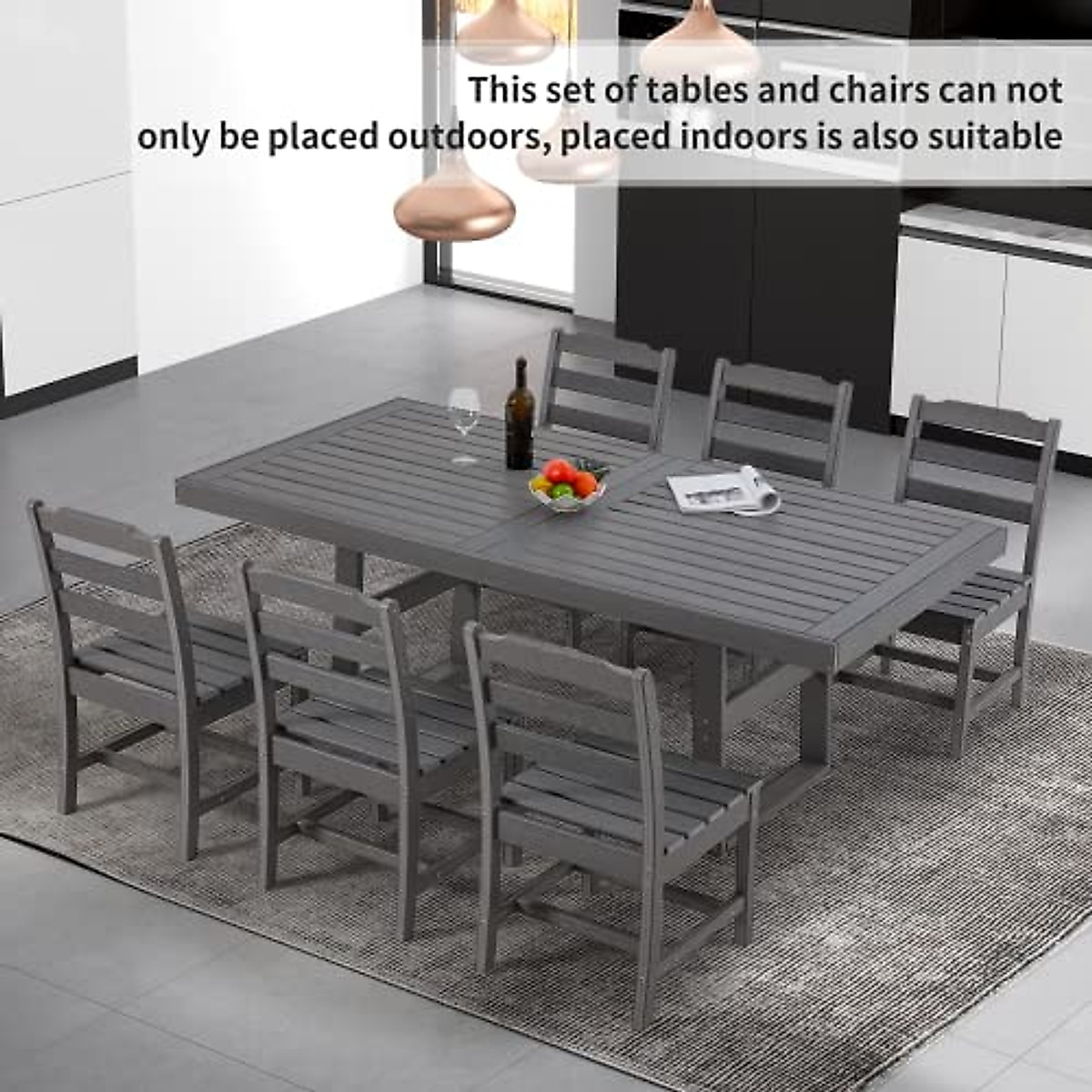 Erinnyees HDPE 7 Piece Patio Dining Set, Garden Furniture Set-6 Patio Dining Chairs and 1 Rectangle Dining Table, Patio Furniture Sets Made of HDPE Material for Backyard, Porch, Lawn and Garden,Gray
