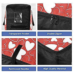 OTVEE Storage Bag Organizer King Size with Reinforced Handle Valentine's Day White And Red Hearts On Background Printed Firm Fabric Strong Zipper Foldable Space Saver for Clothes, Quilts, Blankets,Dol