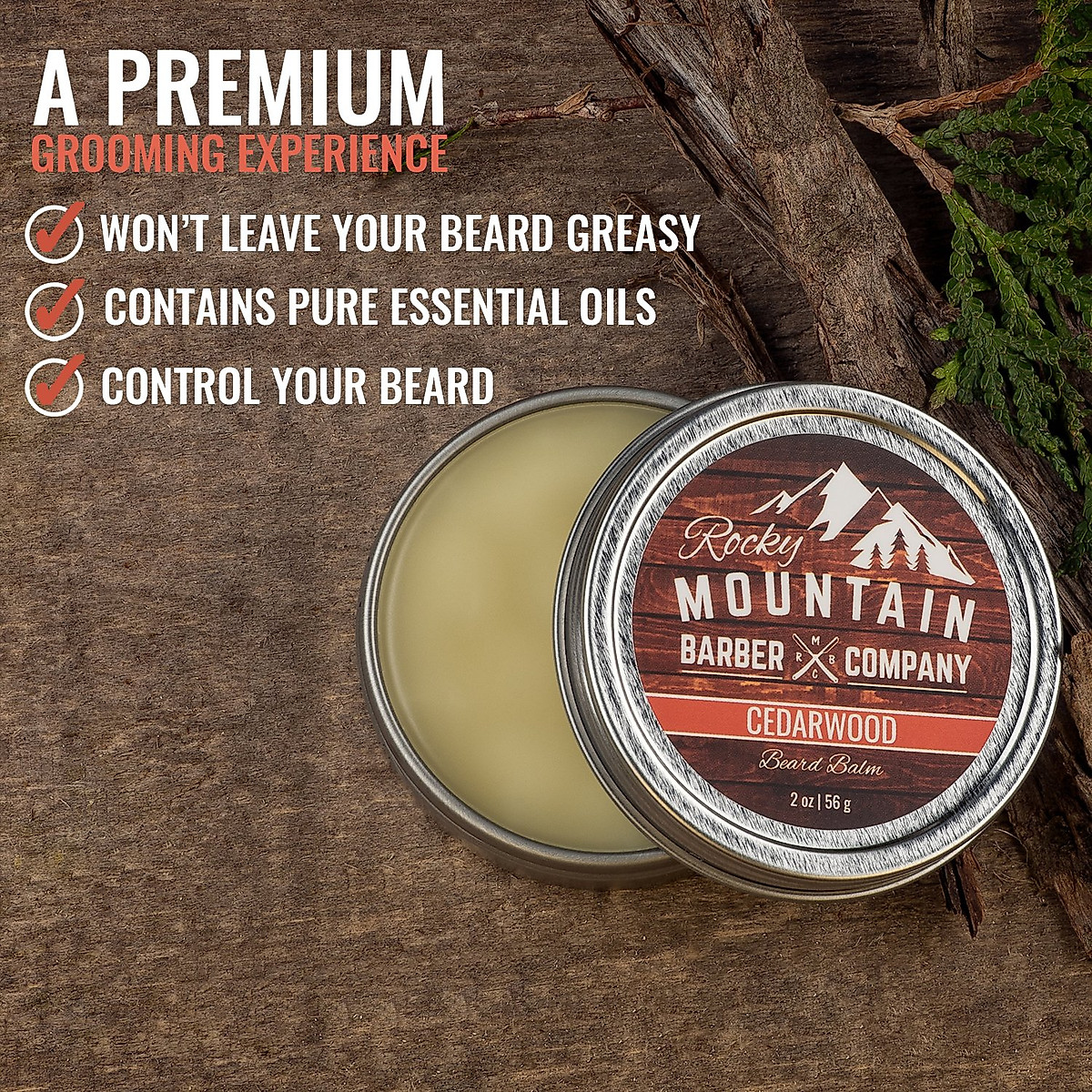 Beard Balm - Rocky Mountain Barber - 100% Natural - Premium Wax Blend with Cedarwood Scent, Nutrient Rich Bees Wax, Jojoba, Tea Tree, Coconut Oil