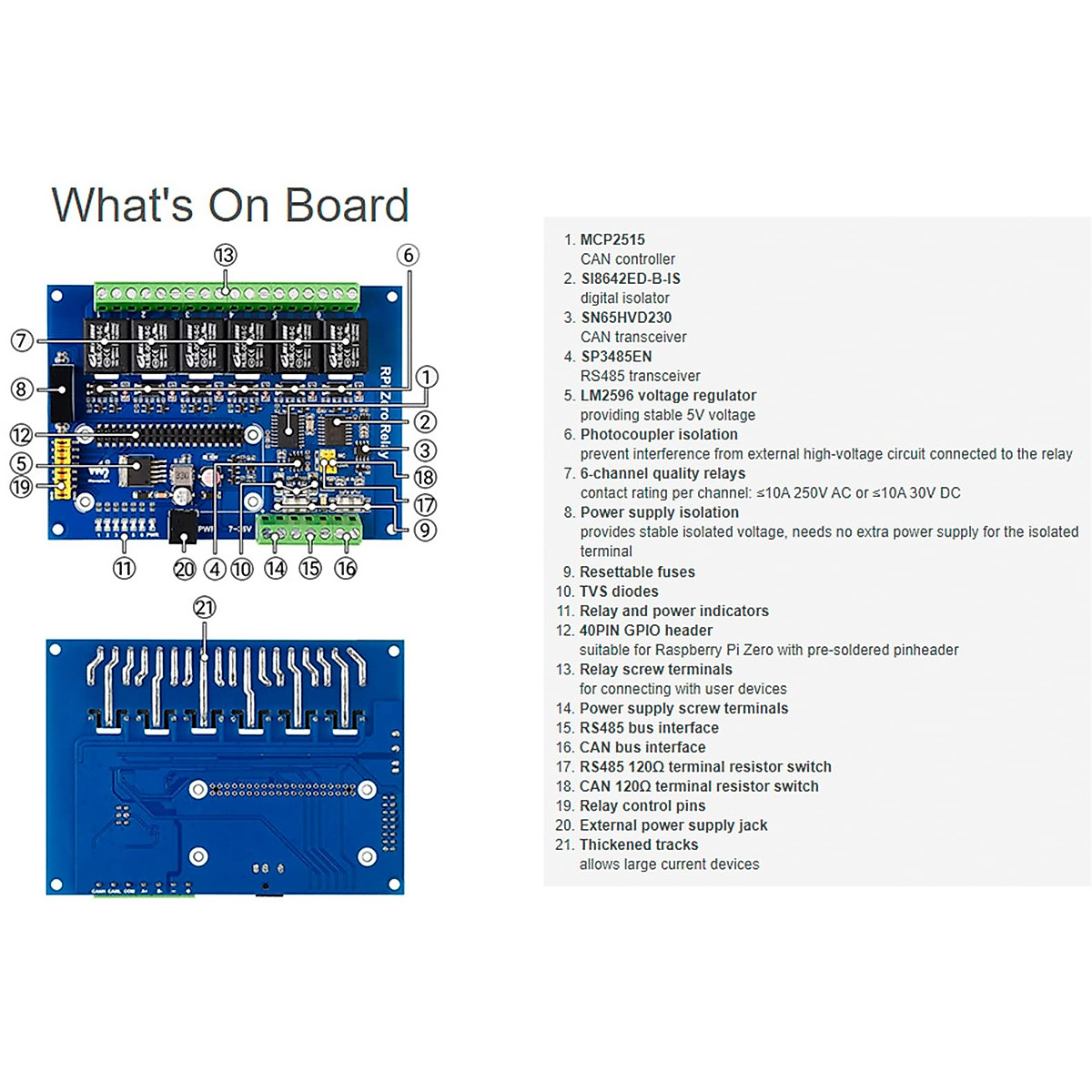 Waveshare Industrial 6-CH Relay Module for Raspberry Pi Zero, RS485/CAN Half-Duplex Communication, Auto RX/TX Switch, MCP2515 + SN65HVD230 Solution, SPI Control