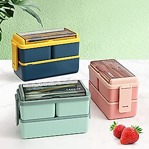 CHZZMS 2 Pack Bento Box Adult Lunch Box,49OZ Leakproof Eco-Friendly Stackable Bento Lunch Box Meal Prep for Dining Out, Work, Picnic, School (green+blue)