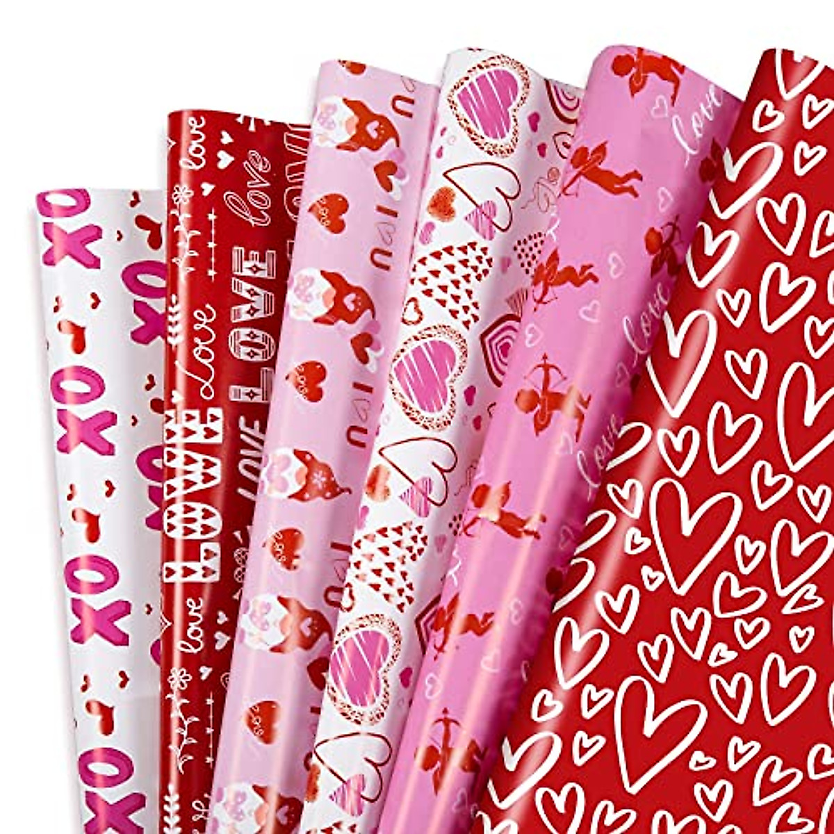 Whaline 12 Sheet Valentine's Day Wrapping Paper 6 Design Love Heart Wrapping Paper Red Pink White Patterned Art Paper for Wedding Anniversary Baby Shower Birthday Gift Wrap, 19.7 x 27.6 Inch