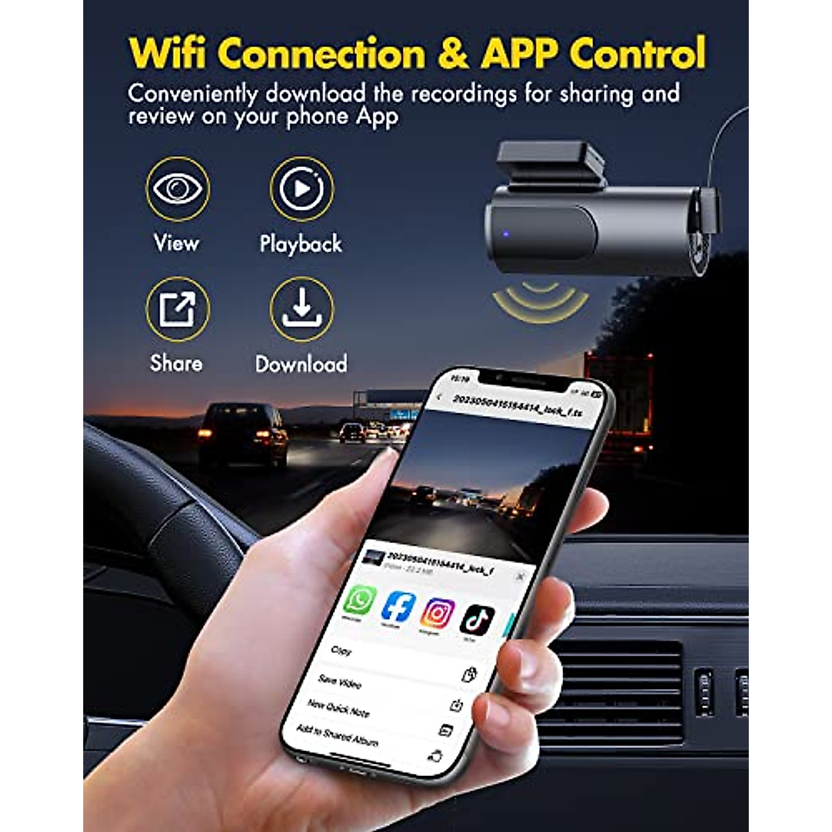 Dash Cam Front and Rear Camera, 4K/2.5K Full Dashcams for Cars with 64GB SD Card, WiFi & App Control, Night Vision, Parking Mode, G-Sensor, Loop Recording,WDR,170° Wide Angle