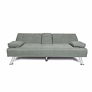 ERYE Modern Futon Loveseat Convertible Sleeper Bed for Living Room Apartment Small Space Furniture Sets with 2 Cup Holders Metal Legs,Removable Soft Pillow-Top Armrest, Sofa & Couch, Light Grey