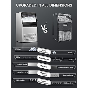 Commercial Ice Maker Machine 100lbs per 24H, All-Around Stainless Steel Under Counter Ice Machine with 33lbs Ice Storage Capacity, Freestanding Ice Maker FOHERE, Black