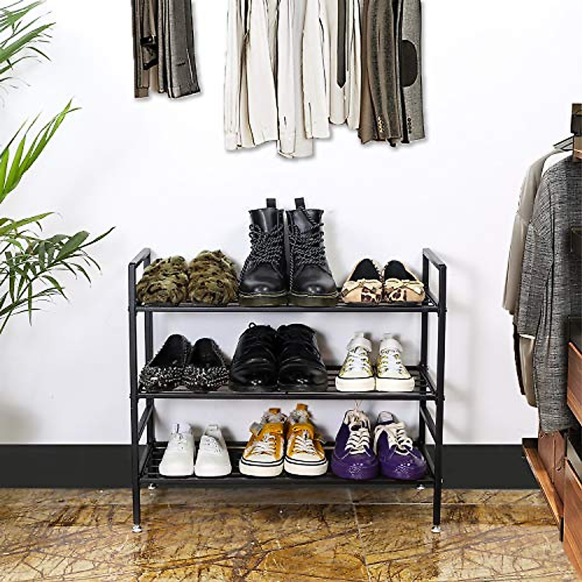 homtuzan Stackable Shoes Rack Storage Shelf- 3-tier or 6 tier Large Wire Grid Shoe Rack Organizer, Metal Space Saving Shoe Shelf, Expandable & Adjustable Shoe Shelf (Black, 3 tier)