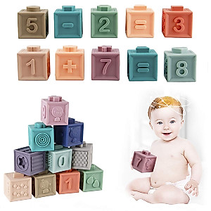 BOBXIN 15 PCS Baby Blocks Toys Soft Stacking Blocks Baby Sensory Ball Teether Infant Bath Toys Squeeze Play with Numbers Shapes Animals Fruit and Textures Toy for Babies Toddlers 6 Months