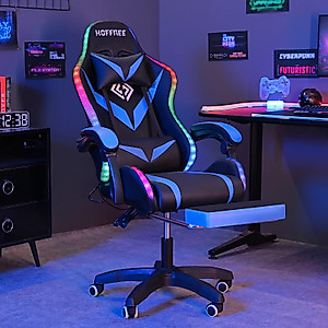Gaming Chair with Bluetooth Speakers and RGB LED Lights Ergonomic Massage Computer Gaming Chair with Footrest Video Game Chair High Back with Lumbar Support Blue and Black