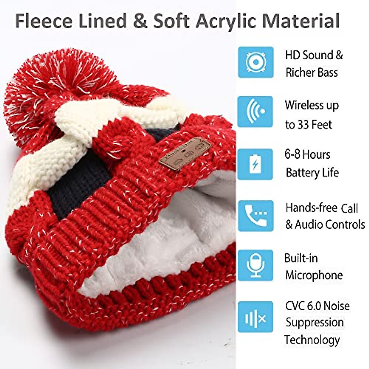 Ceotsak Wireless Beanie Hat Lined with Woolen with Detachable HD Stereo Speakers & Mic, Pom Pom Beanie Music Hats for Women Music Beanie with Rechargeable USB Winter Fitness Sports Red and Blue