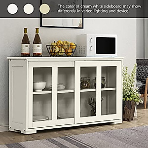 FANTASK Kitchen Storage Cabinet Sideboard, Stackable Buffet w/Height-Adjustable Shelf & 2 Glass Sliding Doors, Accent Console Table for Kitchen Dining Living Room Hallway Office (Cream White)