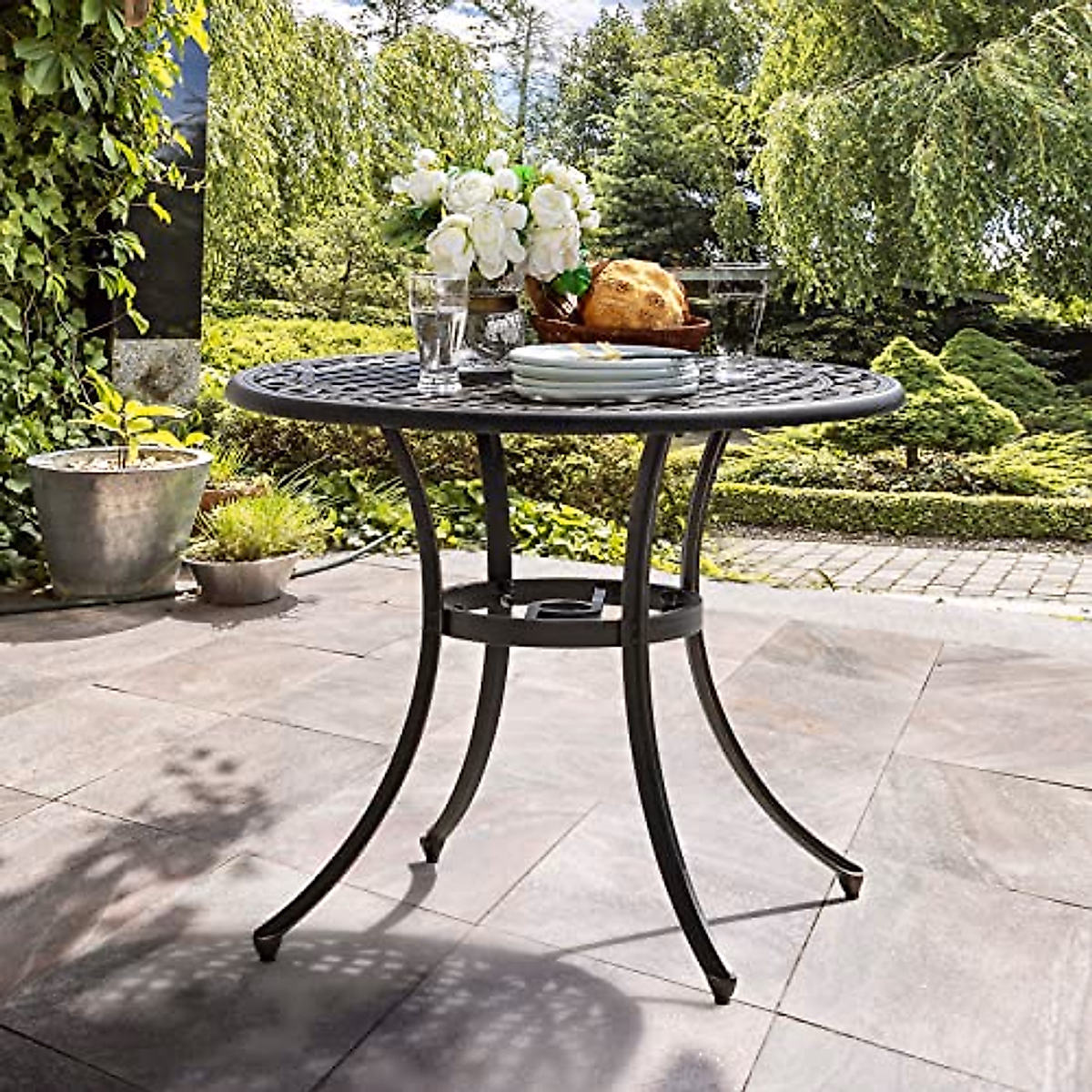 Nuu Garden 36 Inch Patio Dining Table with Umbrella Hole, Outdoor Cast Aluminum Bistro Table, Black with Antique Bronze at The Edge