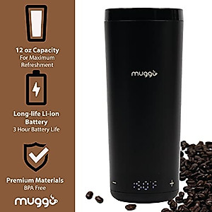 Muggo 12 oz Self-Heating Coffee Mug, Temperature Control Travel Mug, Black Portable Heated Coffee Mug with Leak-Proof Lid & 3-Hour Battery Life