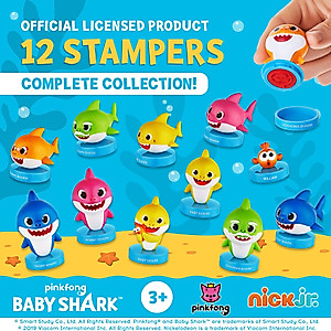 Baby Shark Stampers, 12 Pack – Self-Inking Baby Shark Toys, Action Figures, Party Decor, Cake Toppers – Parent, Baby, Grandparent Sharks and William by PMI, 2.4 in., Soft PVC