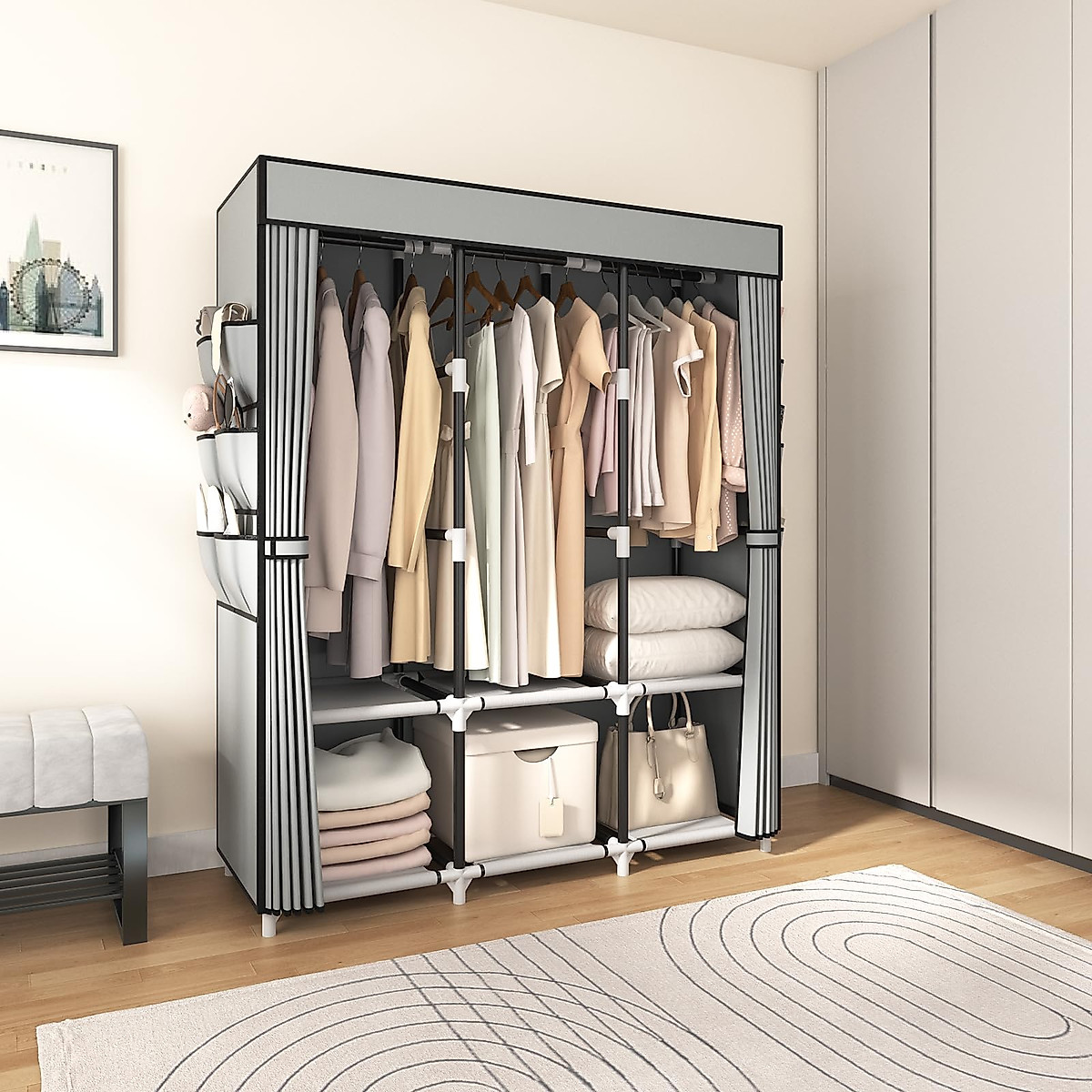 VTRIN Portable Closet, Wardrobe Closet for Hanging Clothes Closet with Cover, 3 Hanging rods, 6 Storage Shelves and Side Pockets, Diameter 19mm Metal Pipe, Free Standing Closet for Bedroom