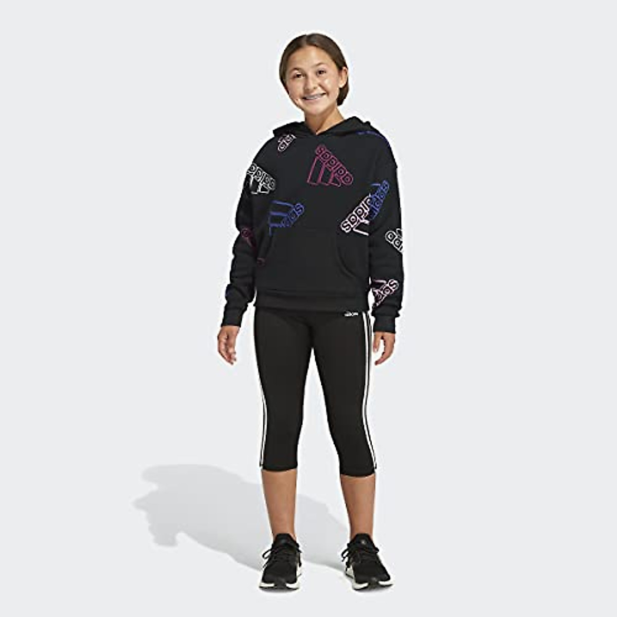 adidas girls Allover Print Fleece Hoodie Hooded Sweatshirt, Black With Purple, Medium US