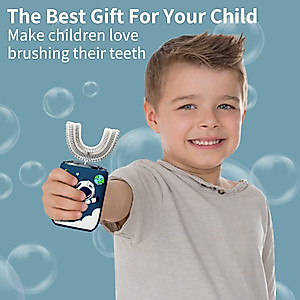 Canbrake Kids Electric Toothbrush, U Shaped Ultrasonic Automatic Toothbrush, with 3 Brush Heads, Six Smart Modes Timer Auto Toothbrush, IPX7 Waterproof Design, Cute Cartoon Tooth Brush for Children