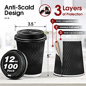 Ginkgo 100 Pack 12 oz Disposable Coffee Cups with Lids, To-Go Paper Coffee Cups Suitable for Hot Coffee, Chocolate and Cocoa, Coffee Bar Accessories - Black
