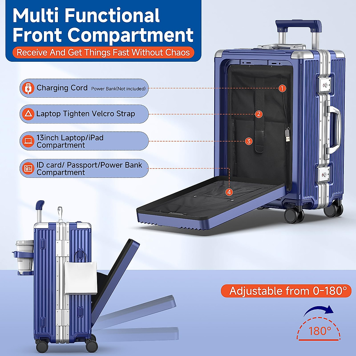 SOMODE Airline Approved Carry On Luggage with Spinner Wheels,Aluminum Framed Carry On Suitcase with Front Laptop Compartment/Cup Holder,22×14×9 inch Checked-in Luggage with Flexible Handle (Blue)
