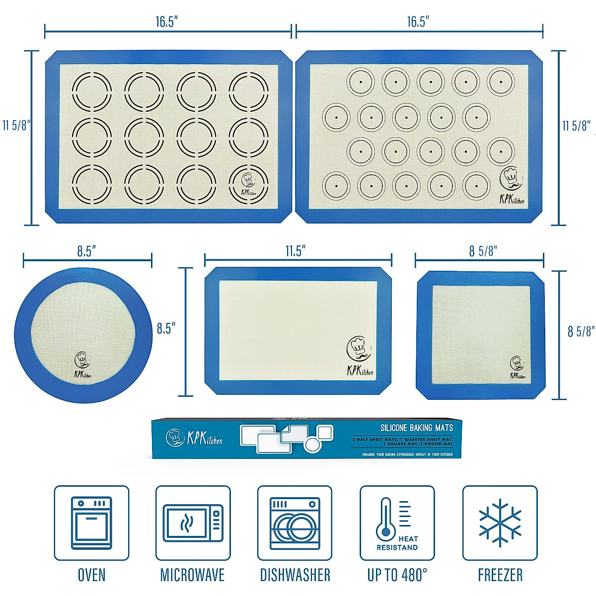 Silicone Baking Mat Set of 5-2 Half Sheets (Macaron & Cookie Circle On Mat) + 1 Quarter + 1 Round & 1 Square Size Silicone Baking Sheet - Nonstick & Easy to Clean - 100% Silicone Mats for Baking
