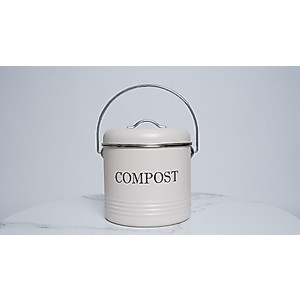 Kitchen Compost Bin, 1.3 Gallon Metal Countertop Compost Bucket with Lid, Indoor Composter, Beige
