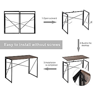 Folding Desk Simple Home Office Desk, Foldable Space Saving Computer Study Writing Table Workstation with Metal Frames/Wood Top Laptop, No Assembly Required, 39.4 Inch, Industrial Brown