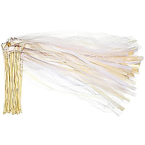 100 Pieces Party Streamers with Bells Lace Ribbon Stick Wands with Bells Silk Fairy Stick Wand Streamers for Wedding Party Baby Shower Send Off Party Activities Holiday Celebration Favors (Champagne)