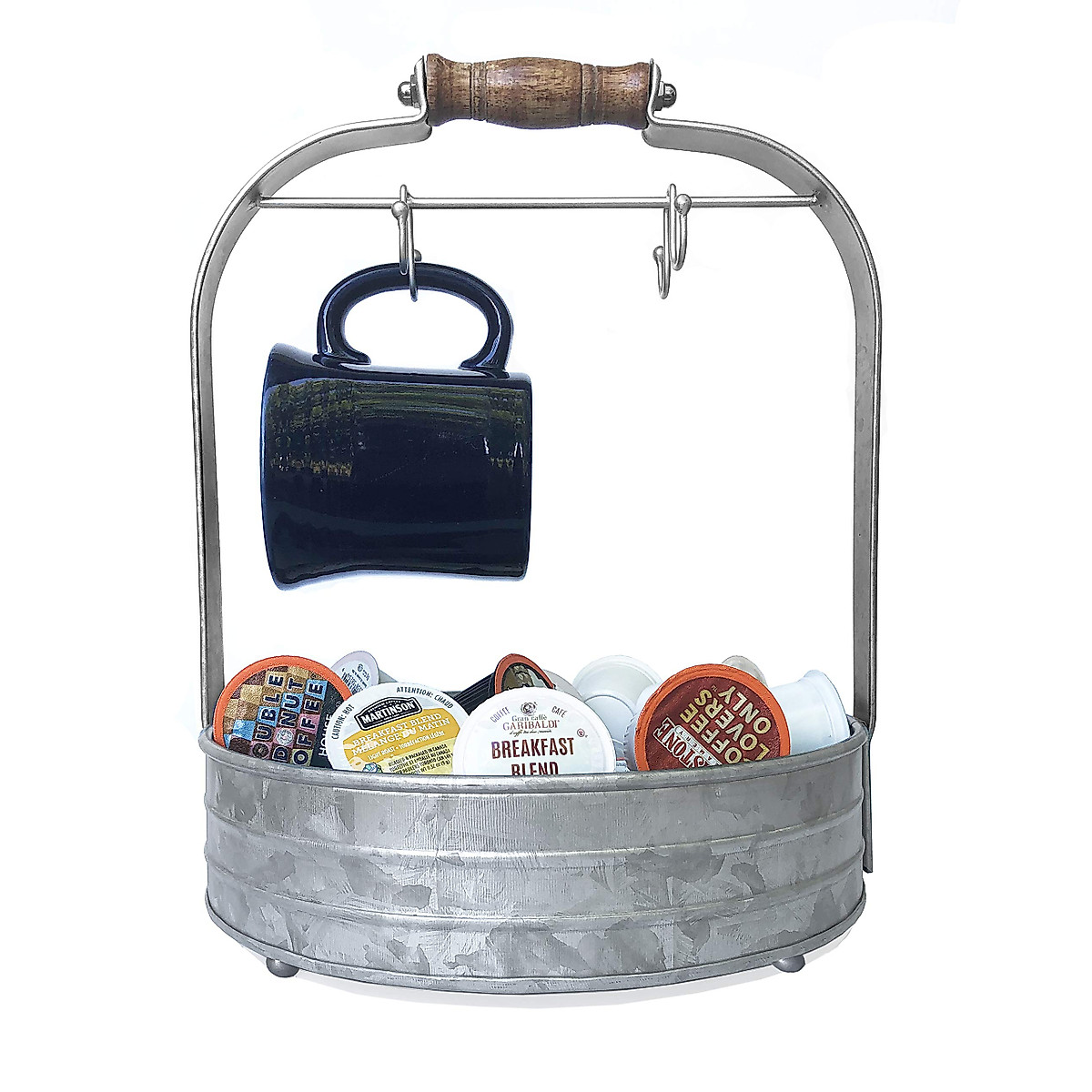 Autumn Alley Rustic Farmhouse Galvanized Coffee Mug Rack Organizer for Kitchen Counter | Mug Tree with Cup Hooks and Basket for Storage of k Cups and Accessories | Perfect for Coffee Bar