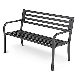 Athena Collection 50" Garden Bench Outdoor Patio Bench with Backrest, Cast Iron Metal Frame Porch Bench Park Farmhouse Bench Weatherproof Furniture for Backyard Lawn Garden Entryway, Black