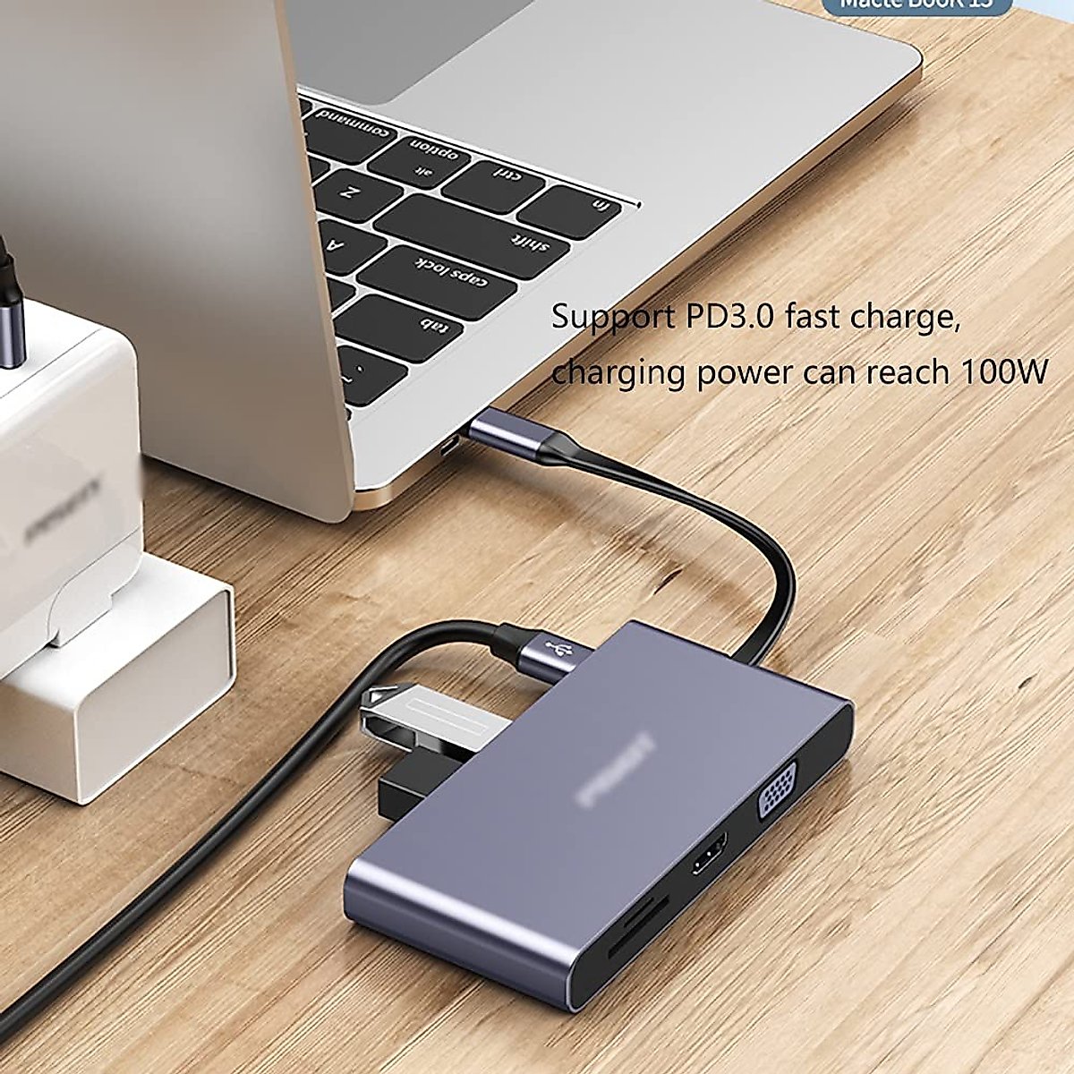 Port Expander USB C Hub 9 in 1 Type C Adapter with Hidden Cable Dock Station (HDMI/VGA/Ethernet/2 USB 3.0/USB 2.0/SD and TF Slots/PD 100W) USB Splitter