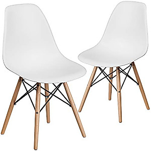 Flash Furniture Elon Series Plastic Modern Dining Chairs with Wooden Legs, Mid-Century Side Chairs for Dining Rooms and Offices, Set of 2, White