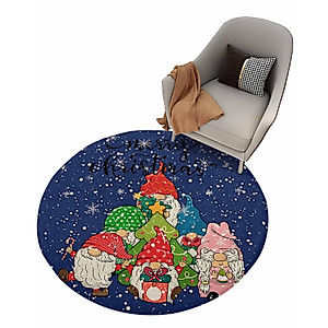 Winter Gnomes Fluffy Round Area Rug Carpets 3ft, Plush Shaggy Carpet Soft Circular Rugs, Non-Slip Fuzzy Accent Floor Mat for Living Room Bedroom Nursery Home Decor Christmas Snowflake Flower Navy Blue