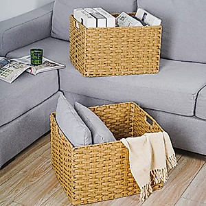 Wicker Baskets with Carrying Handles Foldable Handwoven Cube Storage Basket Bin Rectangular Open Storage Bins,Set of 2