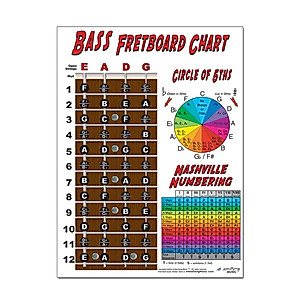 Laminated 4 String Bass Fretboard Notes Chart Nashville Number System & Circle of 5ths Easy Instructional Poster for Beginner for Notebook - A New Song Music 8.5 x 11