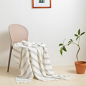 Simple&Opulence Yarn Dyed Striped Cotton Muslin Throw Blanket for Bed, Couch, Knit Woven Blanket with Tassels Soft Lightweight Cozy Pre-Washed Breathable Farmhouse Decoration for All-Season(Grey)