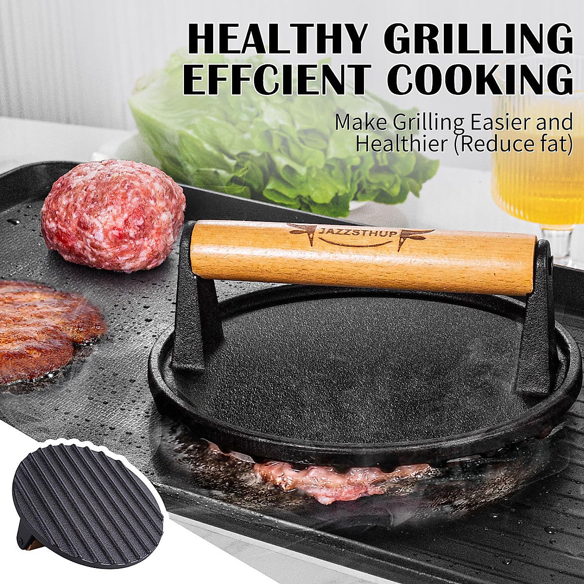 Jazzsthup Smash Burger Press, 6.88" Round Bacon Press with Wood Handle, Perfect Hamburger Press Patty Maker, Food-Grade Cast Iron Burger Smasher for Griddle incl. 20Pcs Patty Paper