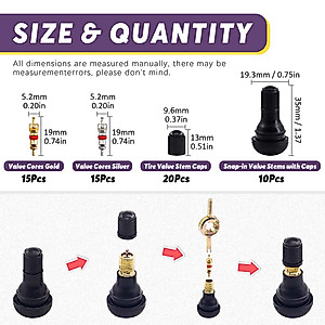 Swpeet 65Pcs Tire Valve Stem Tool Remover & Installation Set, Valve Caps Snap-in Valve Stems with Valve Stem Cores, Single and Dual Head Tire Valve Core Remover Tool, 4-Way Valve Tool for Most Cars