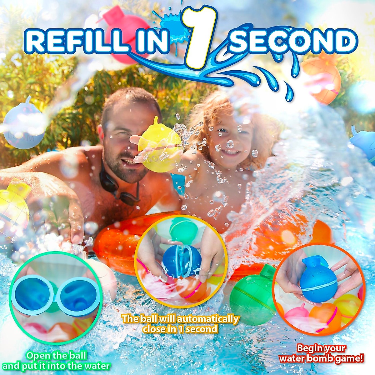 12pcs Reusable Water Balloons for Kids - Silicone Balloon with Magnetic Self Sealing Magnetic Quick and Easy Refill Outdoor Water Bombs - Bulk Pack with Mesh Bag (Bomb & Grenade)