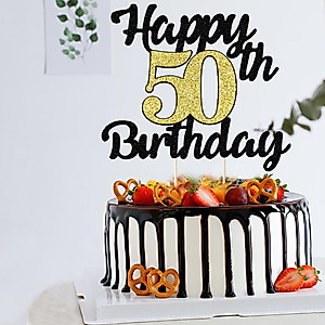 LVEUD happy birthday cake topper Black Font Golden Numbers 50th birthday happy Cake Topper -Birthday Party Decorations (50th)