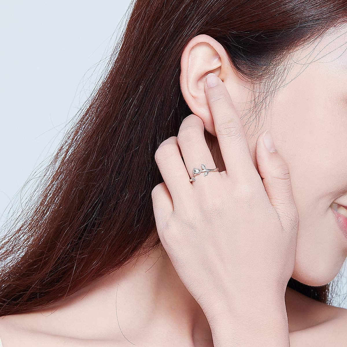 BISAER 925 Sterling Silver Rose Flower Ring for Women Adjustable Stacking Wedding Engagement Rings