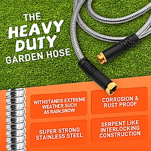 Besiter Garden Hose 50FT Stainless Steel Water Hose with 10 Functions Adjustable Spray Nozzle, Heavy-Duty Metal Garden Hose Flexible Durable No-Tangle & Kink Leak Dog Proof Hose for Yard Lawn(Orange)
