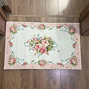 BOOMLATU Roses Flowers and Bow-Knot Door Mats Entrance Front Door Rug,Machine Washable Non Slip Romantic Powder Fluffy Fuzzy Soft Area Rug Kitchen Rug 19.6x31.4in