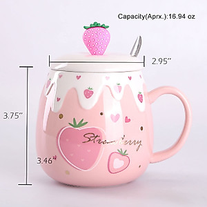 WHJY Pink Female Coffee Cup Mug, Strawberry Korean Lovely Student Ceramic Breakfast Cup with Lid and Spoon – 450ml/15oz, Pink D