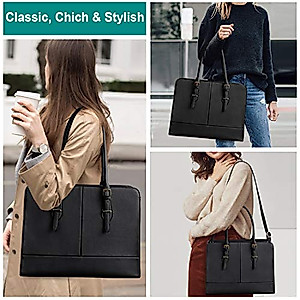 Laptop Bag for Women Leather Work Tote 15.6 Inch Laptop for Computer Bag Waterproof Business Office Professional Large Capacity Handbag Shoulder Bag Black