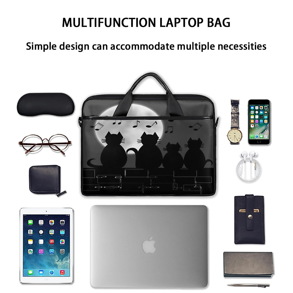 Music Cat Laptop Computer Bag Waterproof Shoulder Messenger Bag 13-15 inch Durable Laptop Tote Bag with Shoulder Strap Handle Lightweight Crossbody Briefcase