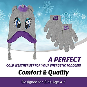 Girls Knitted Animal Beanie Winter Hat and Glove Set Purple Unicorn