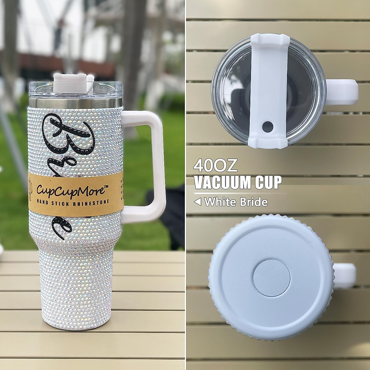 Cupcupmore 40oz Print Bling Rhinestone Stainless Steel Sippy Tumbler Glitter Vacuum Insulated Water Bottle with Straw & Lid &Handle,Thermos for Hot & Cold Drinks,Car Cup Holder (Bride White, 40 oz)