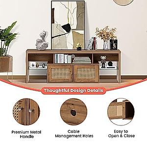 Lyromix LED TV Stand for Televisions up to 70 Inches Modern Rattan Entertainment Center with Cabinet Storage and 2 Door, Large Boho Media Console Table for Living Room, Natural
