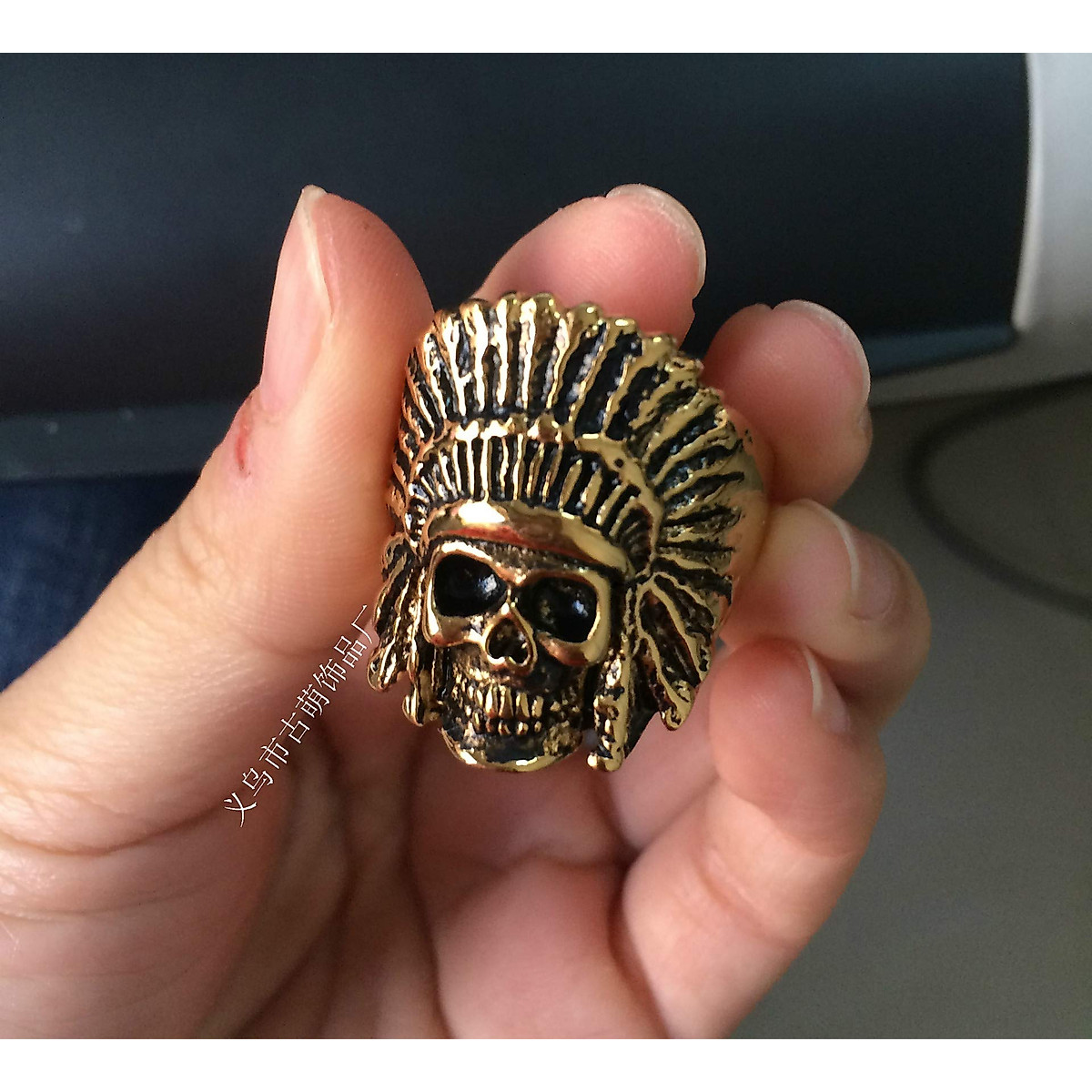 Moca Jewelry Cool Feather Dayak Indian Headdress Punk Skull 18K Gold Plated Hip Hop Stainless Steel Ring for Men Women