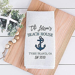 CANARY ROAD Personalized Beach House Kitchen Towel, Personalized Beach House Tea Towel, Family Name, Beach Kitchen Decor, Waffle Weave Towel, Coastal Gift, Beach Housewarming