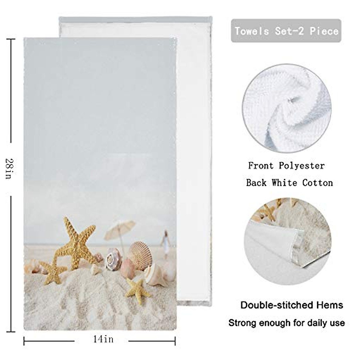Naanle Beautiful Sandy Beach Starfish Seashells Luxury 2-Pack Soft Highly Absorbent Fluffy Guest Decor Hand Towels, Multipurpose for Bathroom, Hotel, Gym and Spa (14" x 28",White Beige)